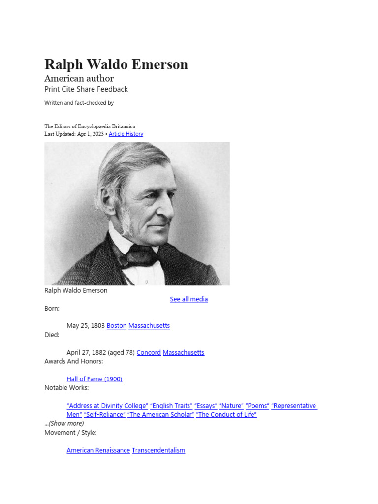 Ralph Waldo Emerson Biography | PDF | Ralph Waldo Emerson ...