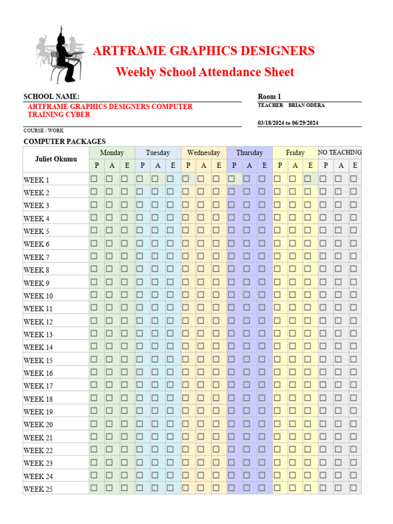Weekly School Attendance Sheet Artframe Graphics Designers | PDF