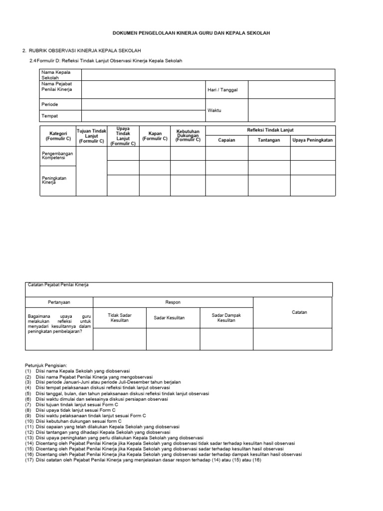 Formulir D Refleksi Tindak Lanjut Observasi Kinerja KS | PDF