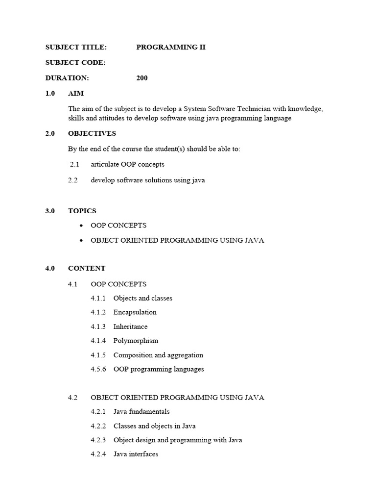 Java Programming 2 Syllabus Pdf Object Oriented Programming