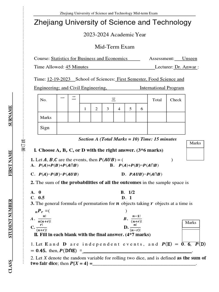 Midterm Exam | PDF | Variance | Probability Distribution