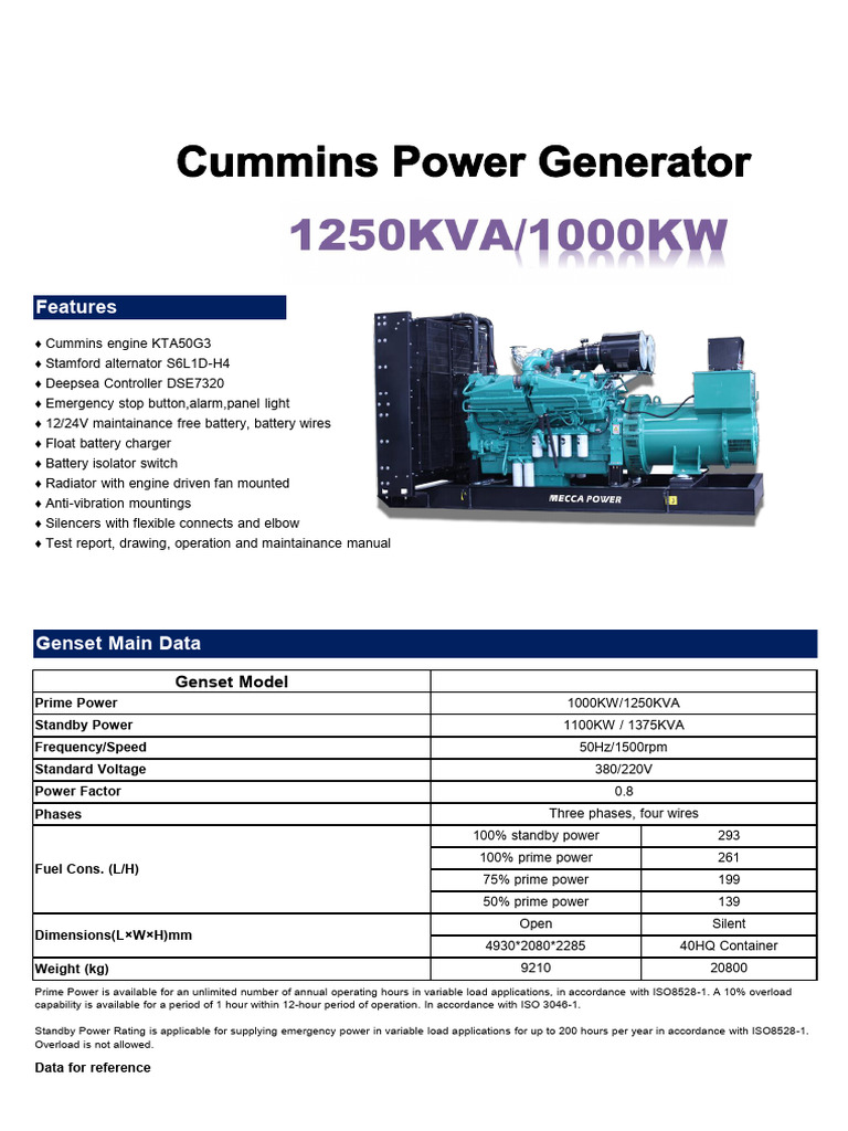 1250kva Cummins Brochure-50hz | Download Free PDF | Electric Generator ...
