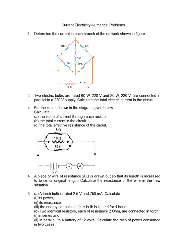Current Electricity Numericals | PDF | Teaching Methods & Materials