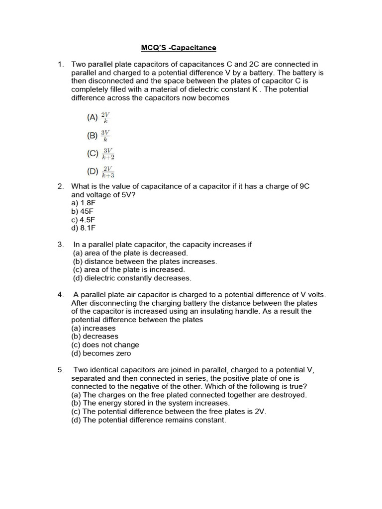 Capacitance MCQS | PDF | Capacitor | Capacitance