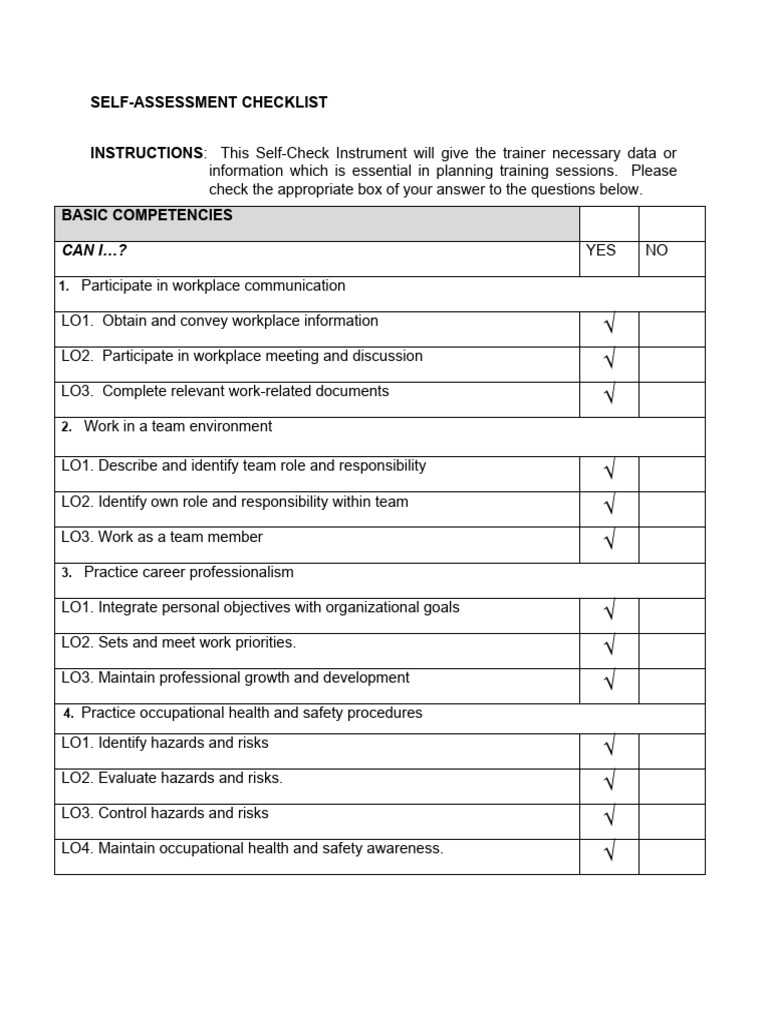 Template Form 1.1 - Self Assessment Checklist | PDF | Occupational ...