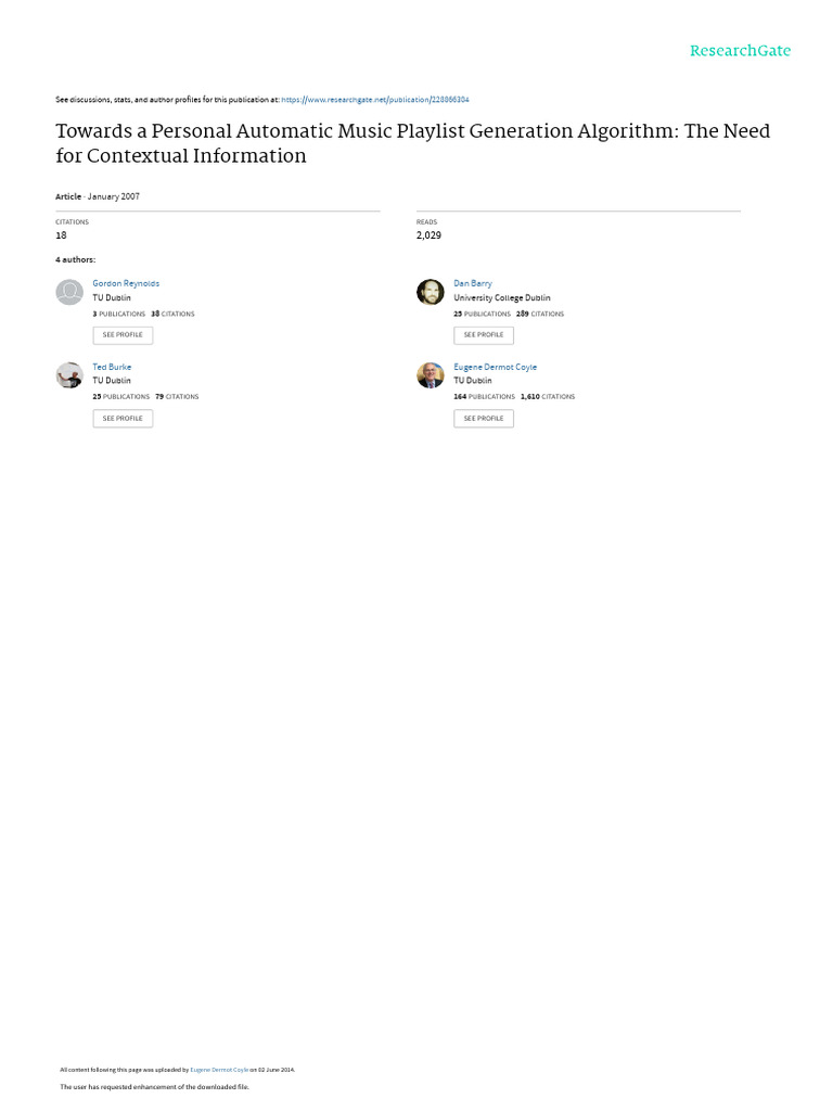 Towards A Personal Automatic Music Playlist Genera | PDF | Attitude (Psychology)