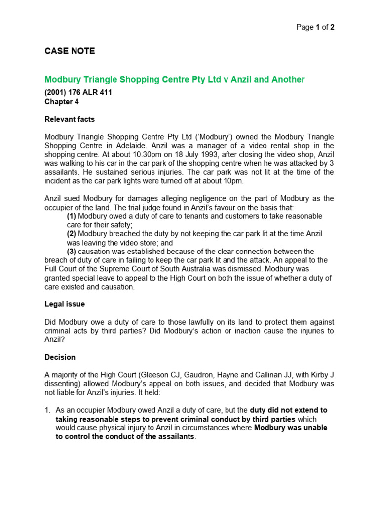 2 - Case Note - Modbury V Anzil | PDF | Duty Of Care | High Court Of ...