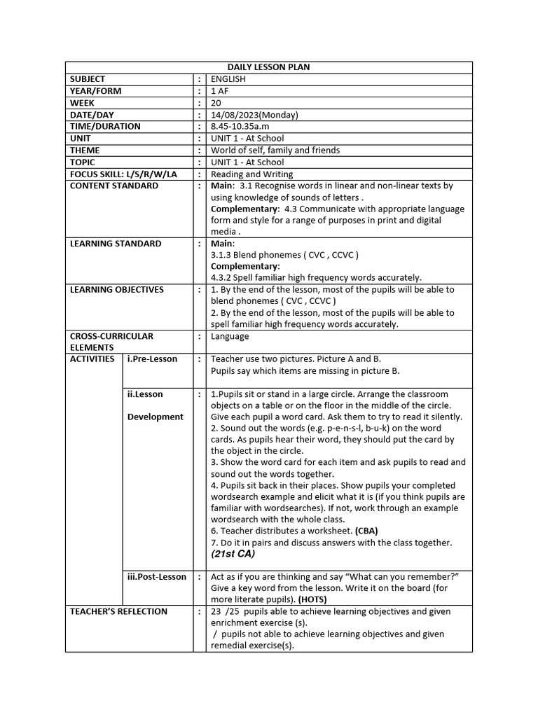 Daily Lesson Plan20 | PDF | Lesson Plan | English Language