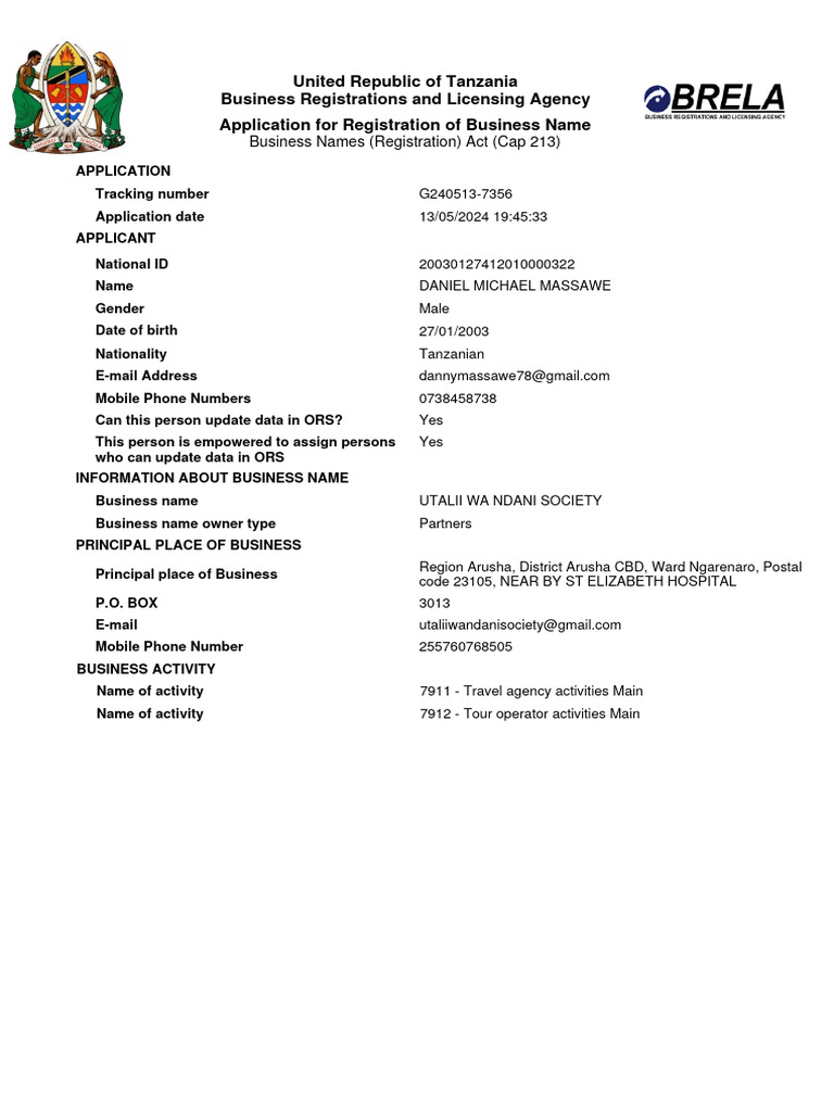 United Republic of Tanzania Business Registrations and Licensing Agency Application For ...
