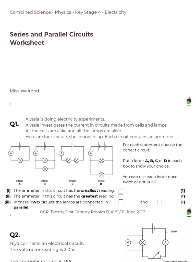 Series and Parallel Circuits Worksheet | PDF | Series And Parallel ...