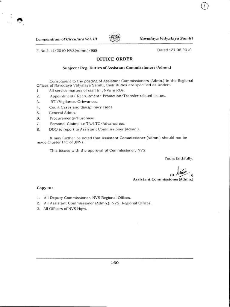 Compendium of Circulars Vol. III Navodaya Vidyalaya Samiti: Subject: Reg. Duties of Assistant ...