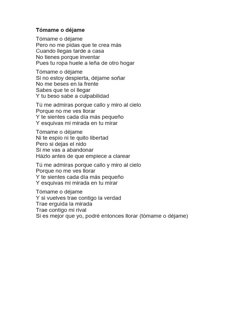 Tómame o déjame: Letra y Significado | PDF | Poesía