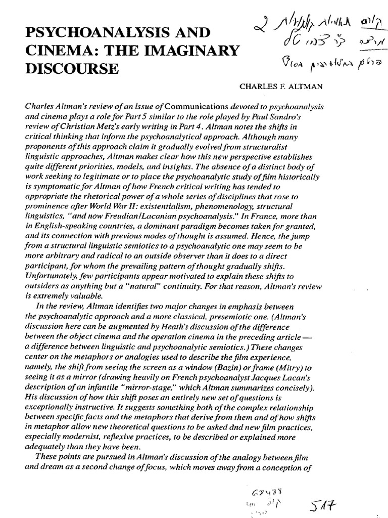 Altman Charles Psychoanalysis and Cinems The Imaginary Discourse | PDF