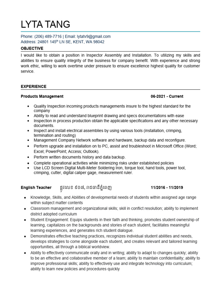 Lyta Tang Resume | PDF | Curriculum | Experience