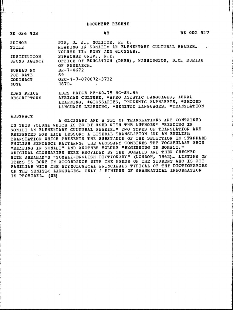 Pia J.J., Molitor R.D.-reading in Somali. An Elementary Cultural Reader. Volume 1 (Pony and ...