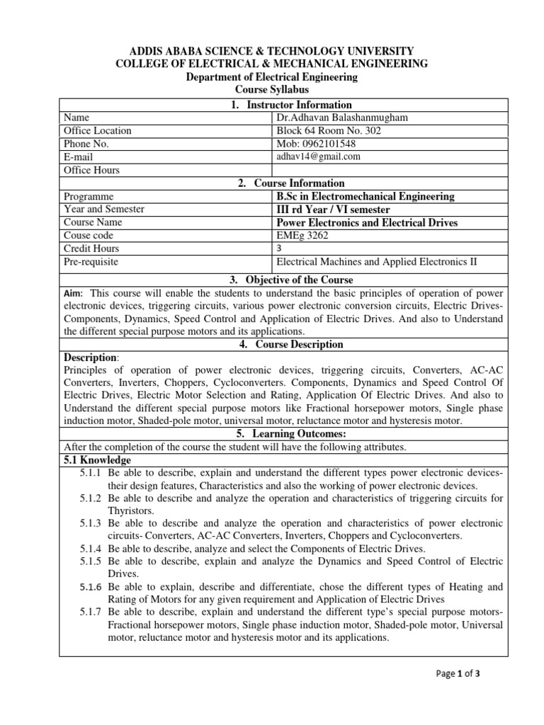 Course Outline EMEg 3262-PE&ElecDrives | PDF | Power Electronics ...