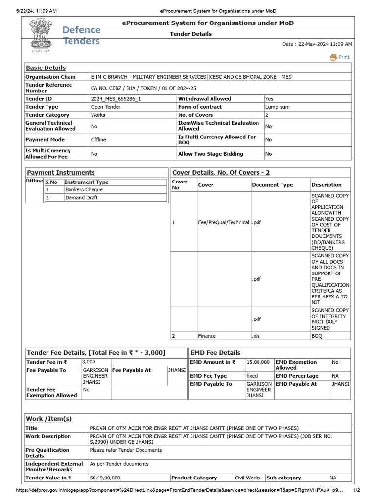 MoD Jhansi OTM Accn Tender 2024 | PDF