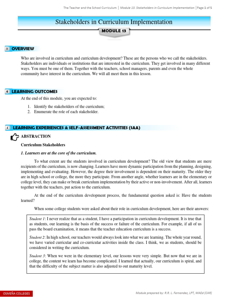 Module 13 Stakeholders in Curriculum Implementation | PDF | Curriculum | Teachers