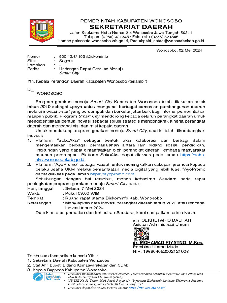 Undangan Rapat Smart City Wonosobo | PDF