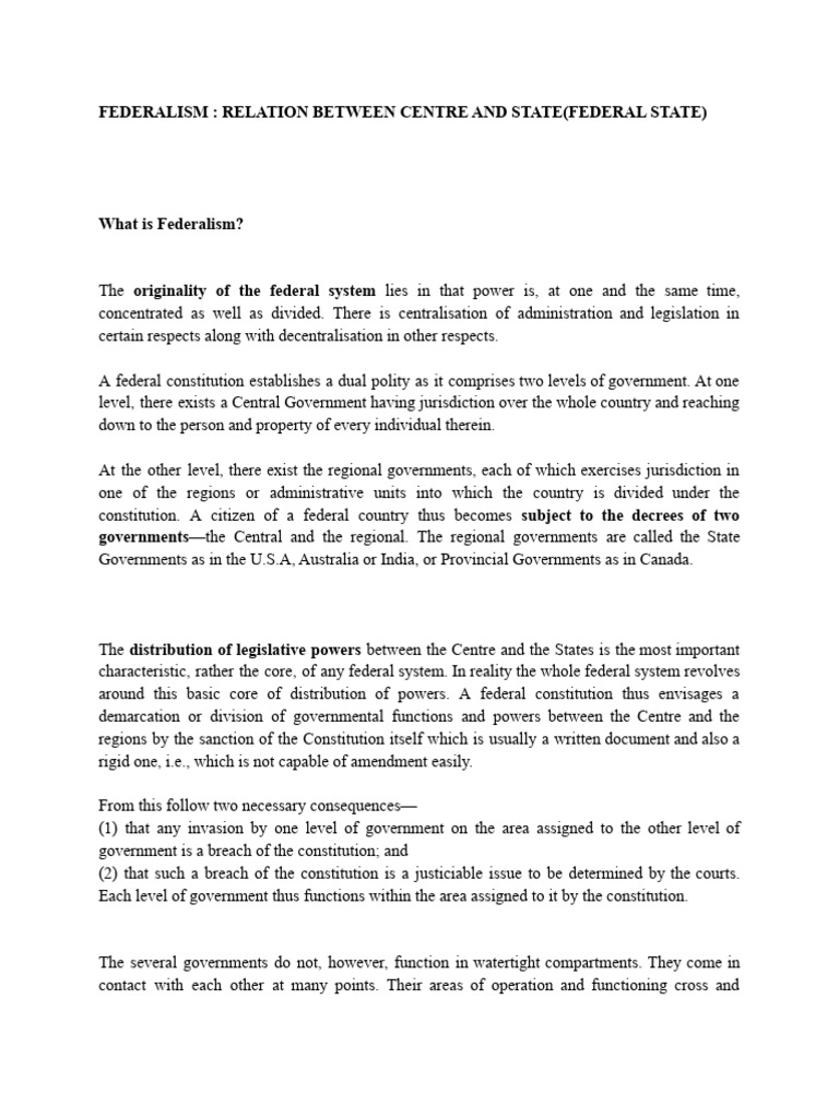 Federalism - Relation Between Centre and State (Federal State) | PDF ...