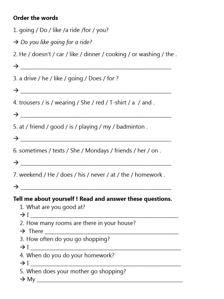 Word Order Exercises and Personal Questions | PDF | Language Arts ...