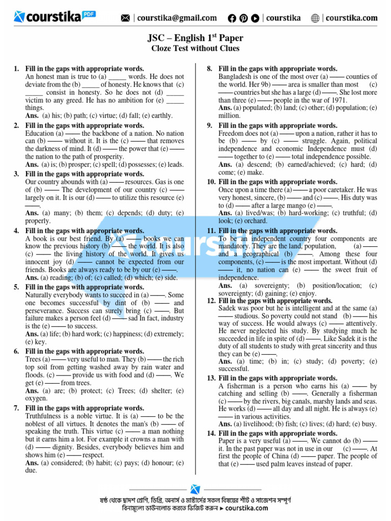 Cloze Test Without Clues - JSC | PDF | Honey Bee