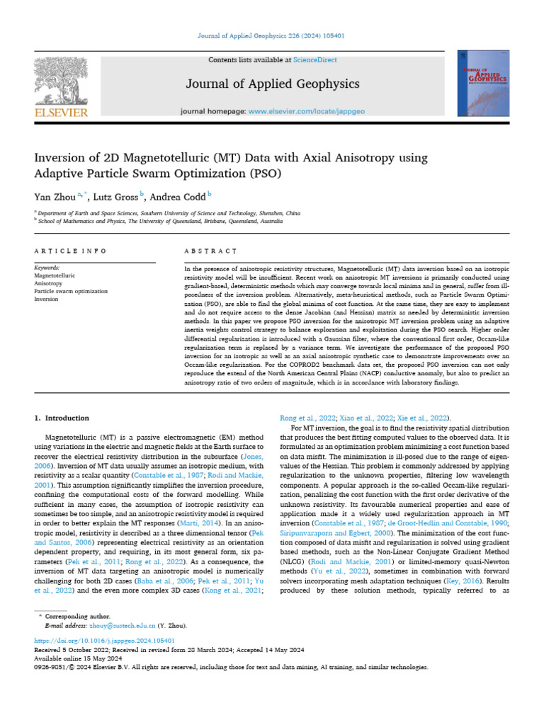 Inversion of 2D Magnetotelluric (MT) Data With Axial Anisotropy Using Adaptive Particle Swarm ...