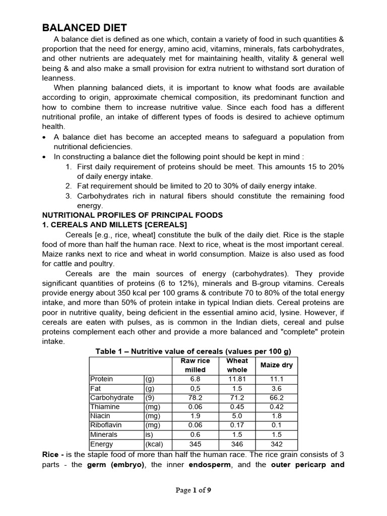 Balanced Diet | PDF | Milk | Cereals