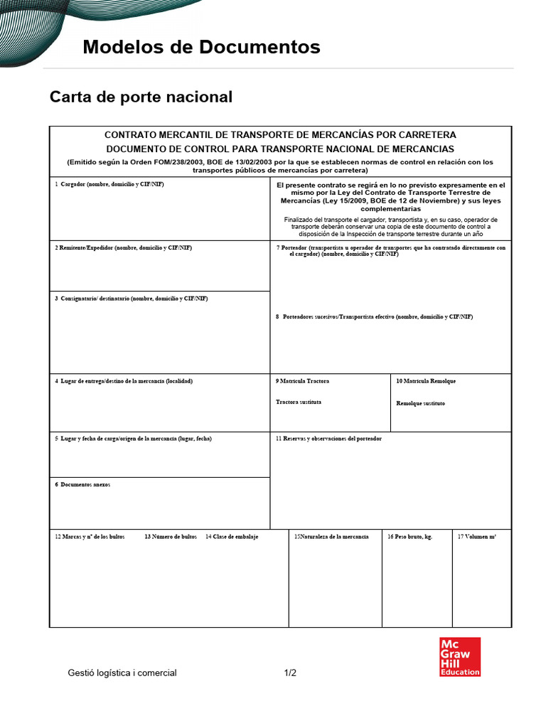 Modelos de Carta de Porte Nacional | PDF