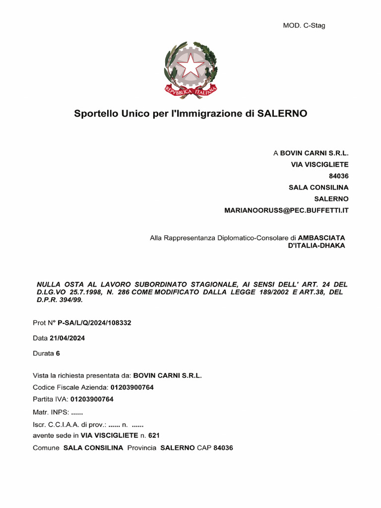 Nulla Osta A05124829 | PDF