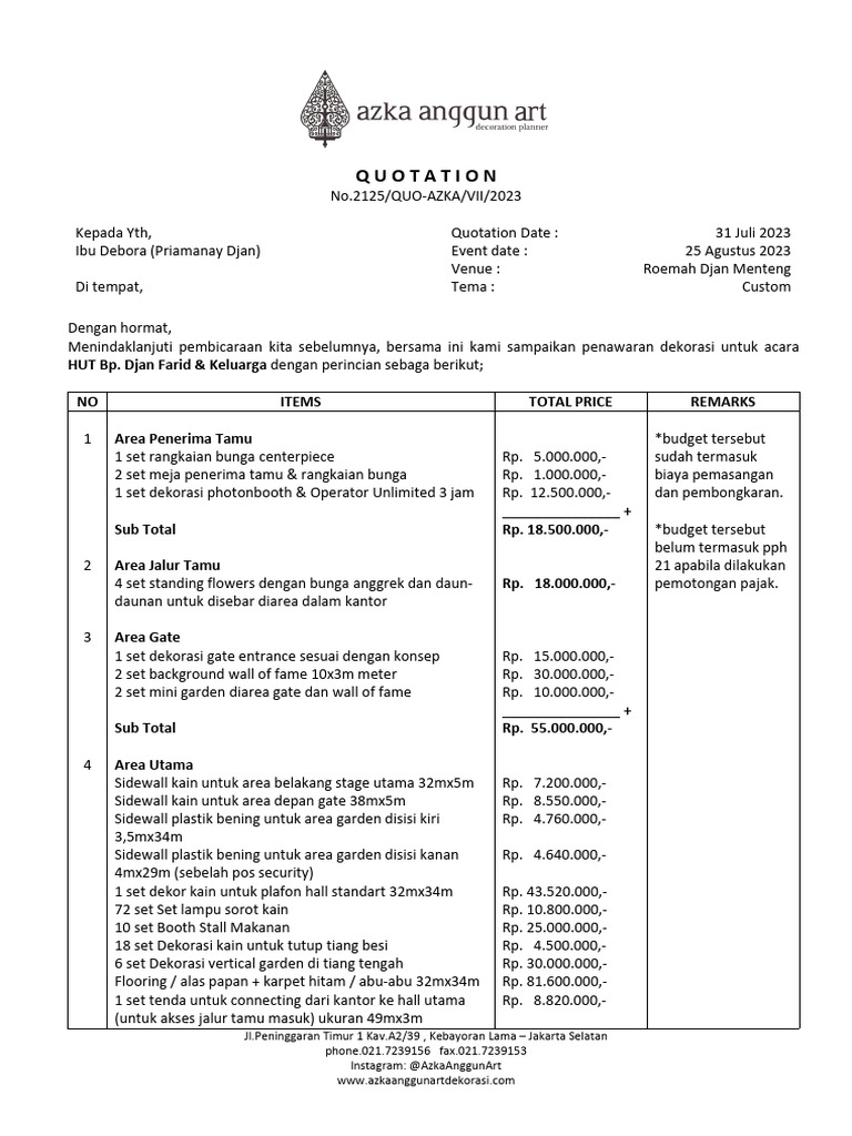2125 - Quotation Azka Anggun Art Untuk Event Roemah Djan 25 Agustus 2023 | PDF