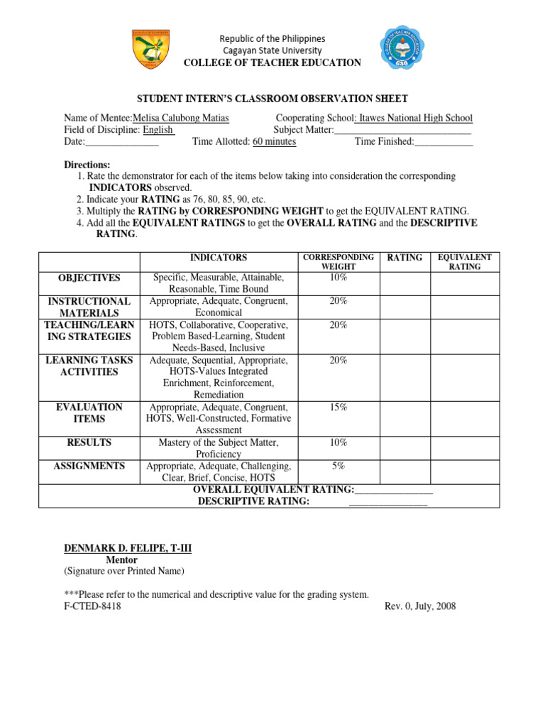 Interns Observation Sheet | PDF | Mentorship | Teacher Education