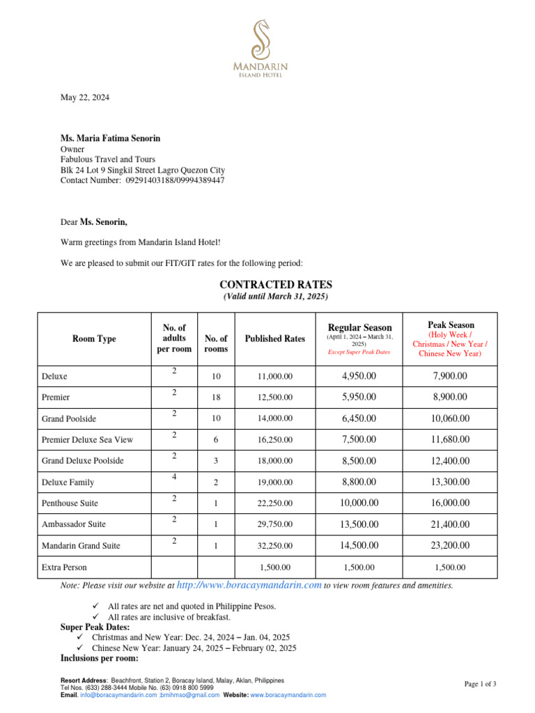 2024 CONTRACTED RATES (MIH) - Fabulous Travel and Tours - Mandarin ...