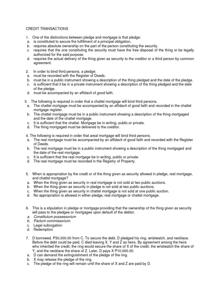 Credit Transactions Quiz | PDF | Mortgage Law | Foreclosure