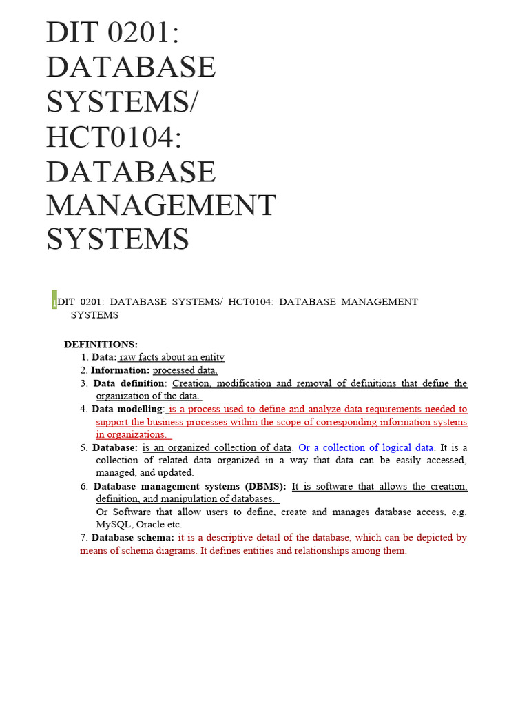 Dit 0201 Hct0104 Database Notes Pdf Databases Relational Database