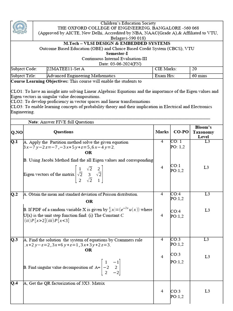 Advanced Engineering Mathematics Exam | PDF | Eigenvalues And Eigenvectors | Vector Space