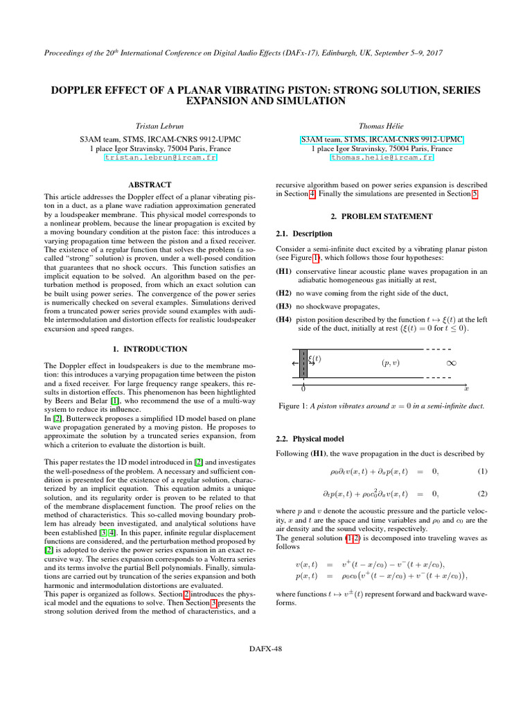 Doppler Effect of A Planar Vibrating Piston: Strong Solution, Series ...