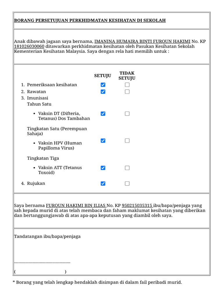 Borang Persetujuan Kesihatan 181026030060 (1) | PDF