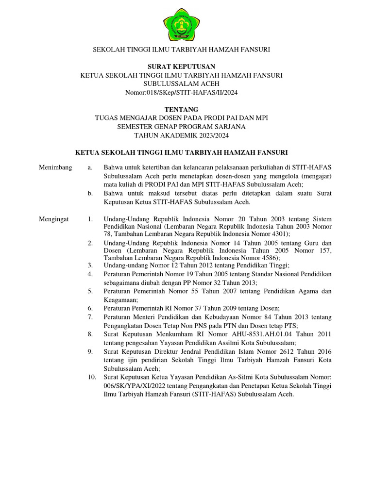 SK Mengajar Dan Roster 2023 2024 Genap | PDF