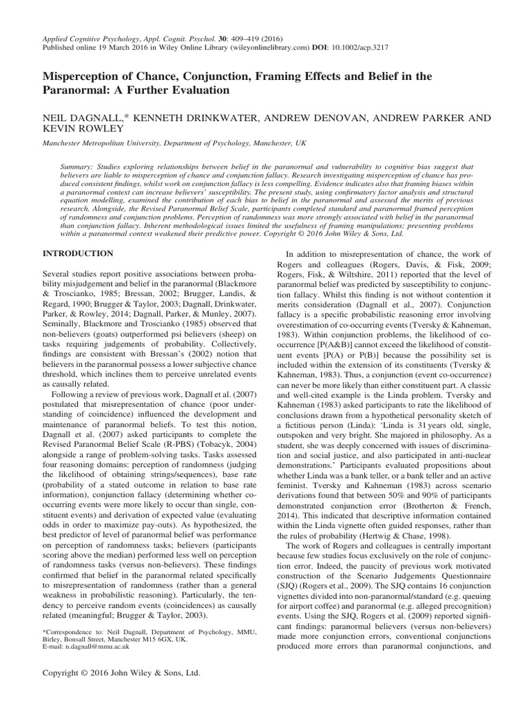 Misperception of Chance, Conjunction, Framing Effects and Belief in The ...