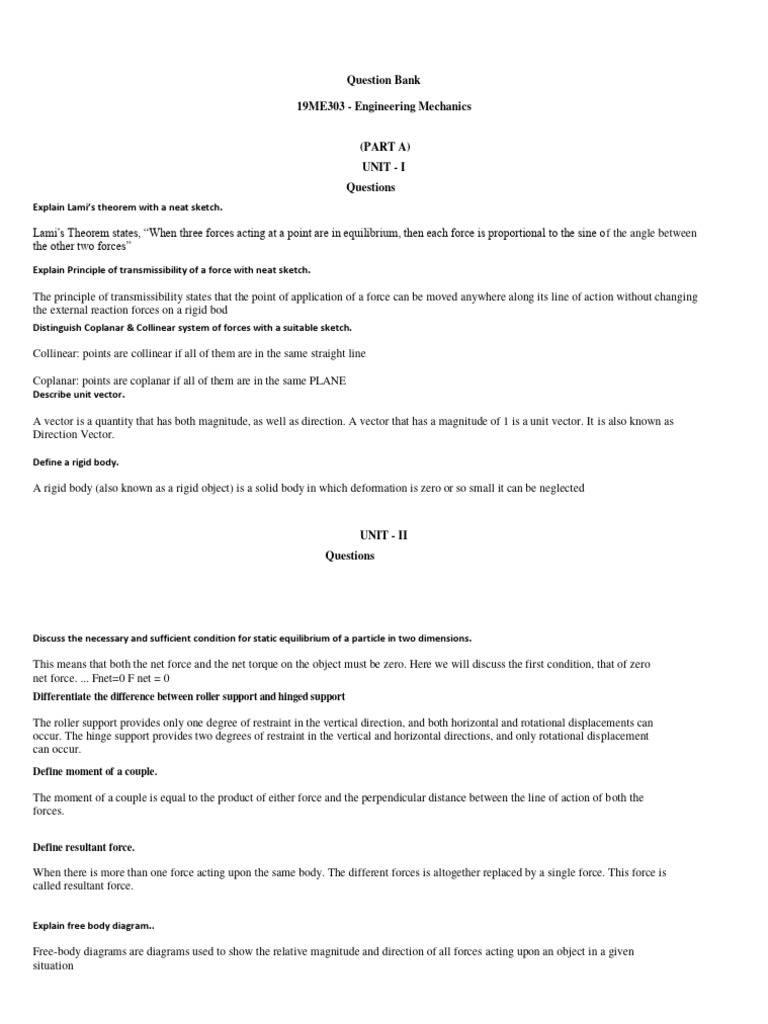 Engineering Mechanics Question Bank | PDF | Force | Torque