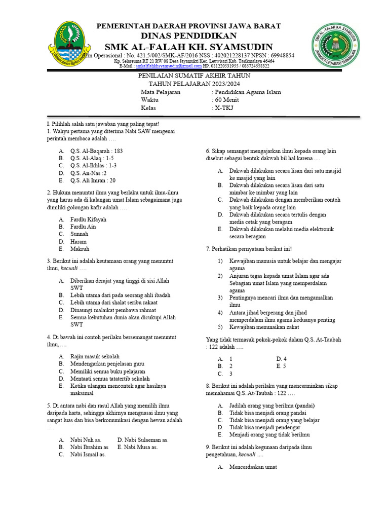 Soal Pat Kls X Pai 2024 | PDF