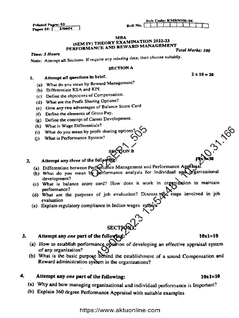 Mba 4 Sem Performance and Reward Management KMBNHR 04 Jun 2023 | PDF