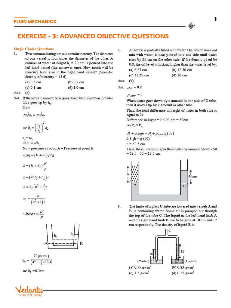 Jee Advanced Physics Fluid Mechanics Practice Papers | Download Free ...