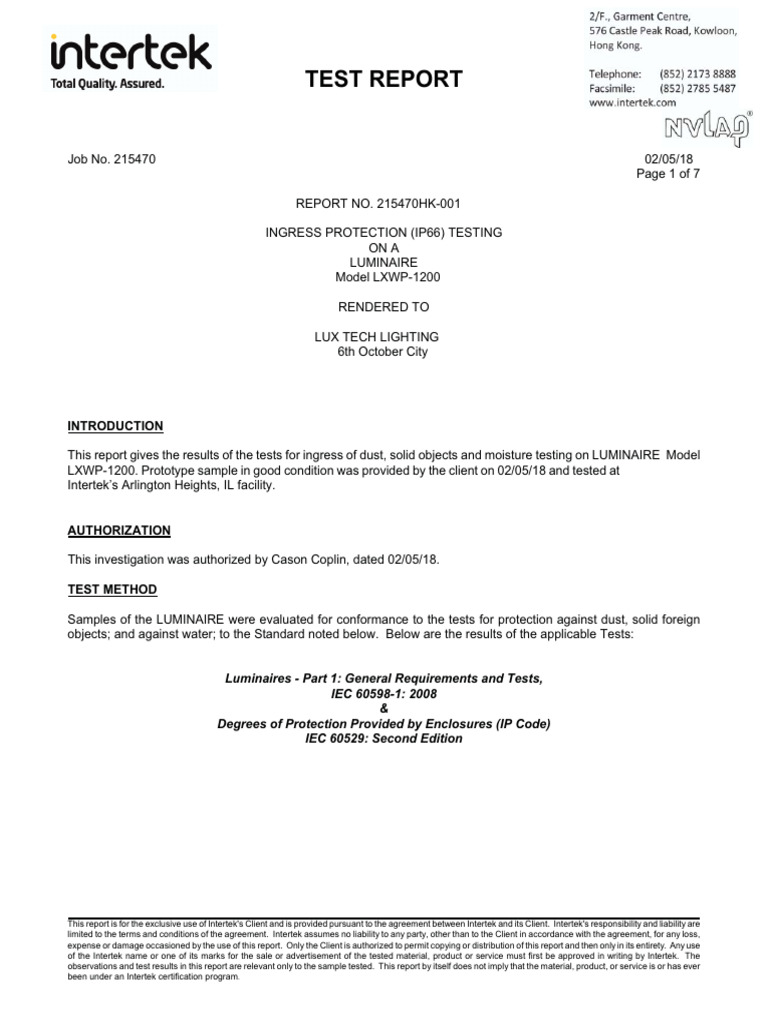 IP66 Test Report - LXWP1200 | PDF | Electrical Engineering