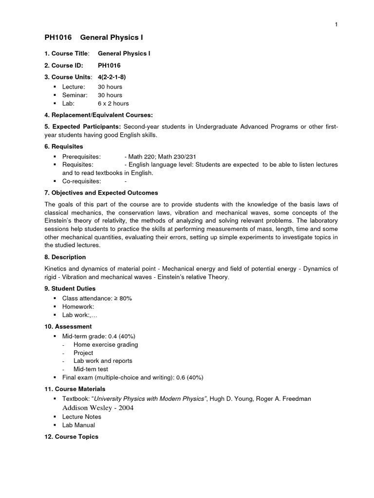 PH1016-Sylabus | PDF | Special Relativity | Acceleration