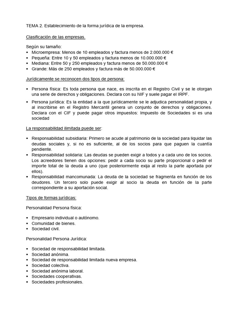 Resumen Tema 2 GEFE | PDF | Sociedad de responsabilidad limitada | Responsabilidad legal