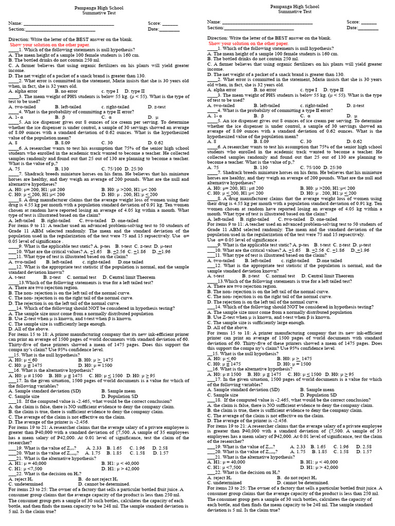 Summative 2.0 | PDF | Type I And Type Ii Errors | Standard Deviation