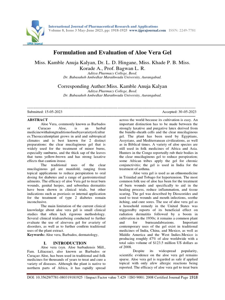 Formulation and Evaluation of Aloe Vera Gel | PDF | Wound Healing ...