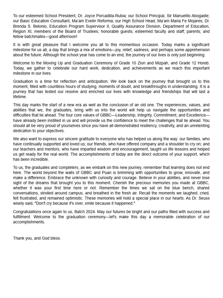 Moving Up Welcome Remarks | PDF